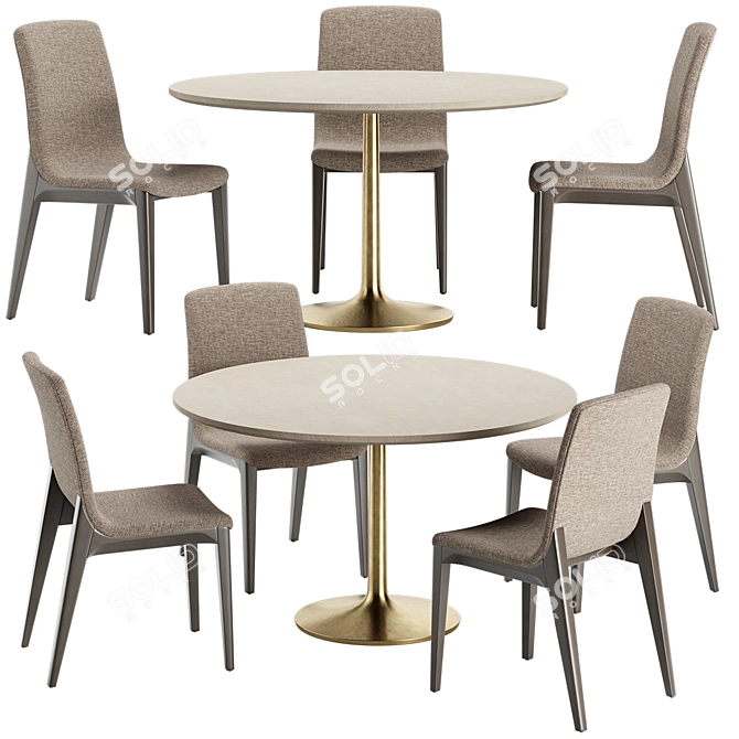 Brass Base Brown Marble Dining Table with Talin Chairs 3D Model - SolidRocks.net