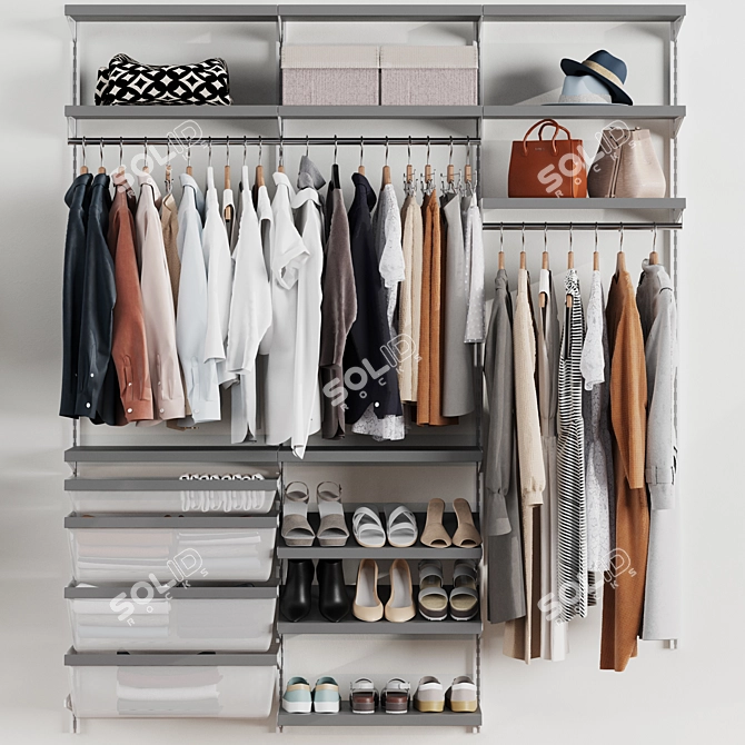Modular Wardrobe with Wooden Shelves and Hangers 3D Model - SolidRocks.net